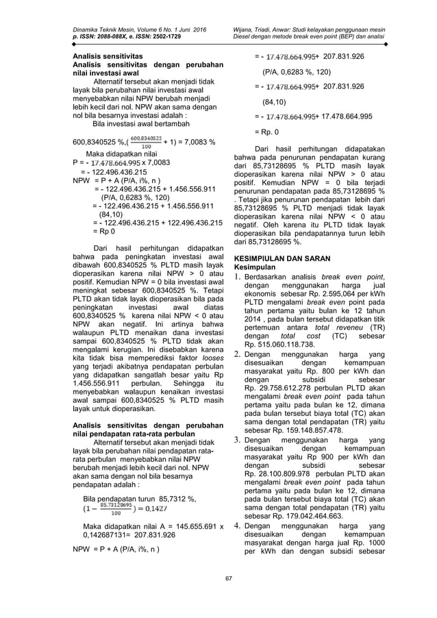 8 studi kelayakan penggunaan mesin diesel dengan metode break even point (bep) dan analisis ...
