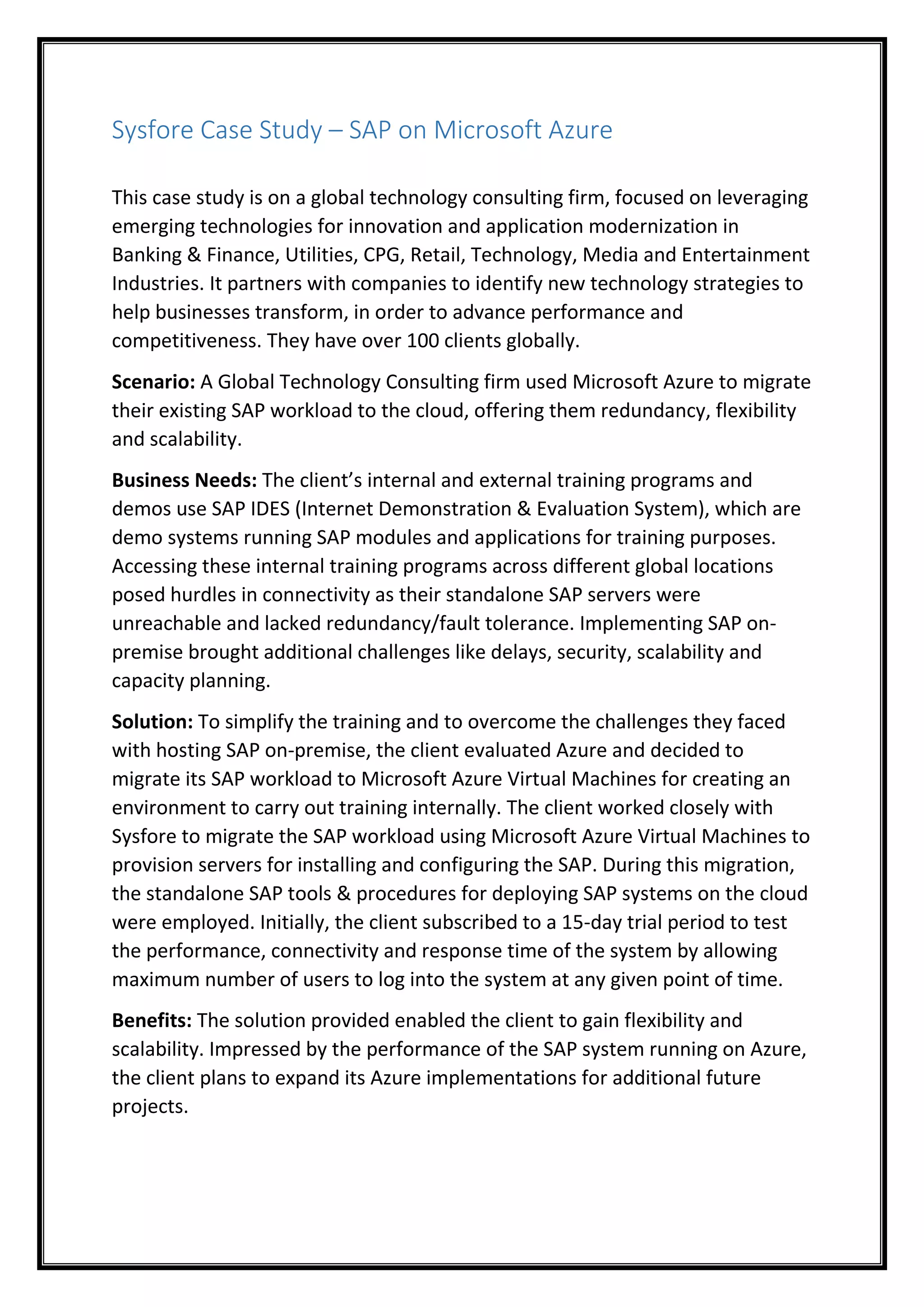 SAP on Microsoft Azure - Case Study | Sysfore | PDF