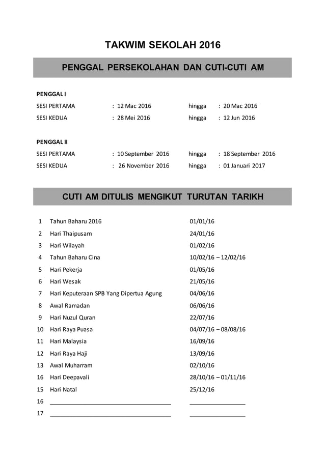 takwim sekolah 2016 | DOCX