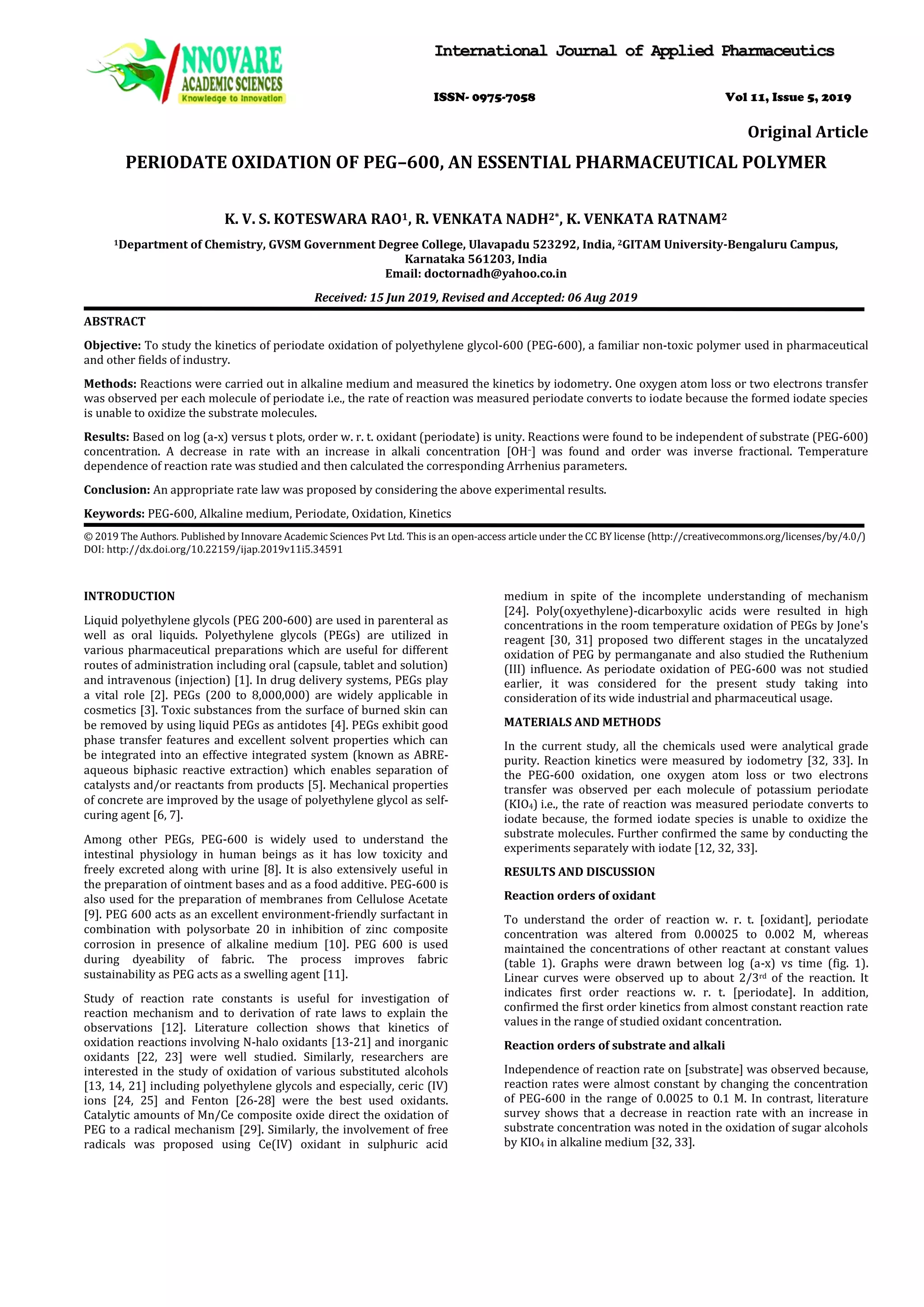 PERIODATE OXIDATION OF PEG–600, AN ESSENTIAL PHARMACEUTICAL POLYMER | PDF