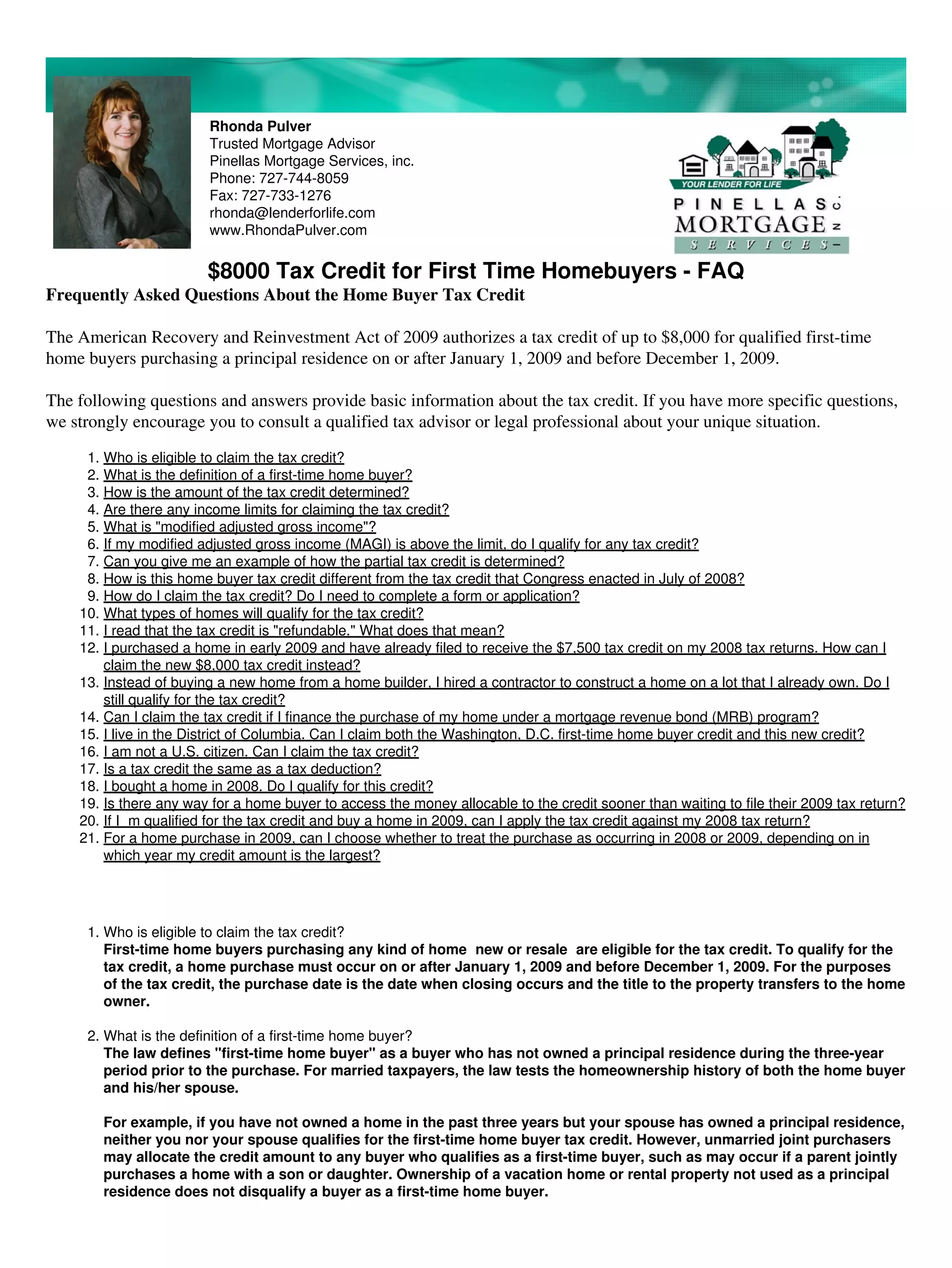 $8000 Fthb Tax Credit | PDF