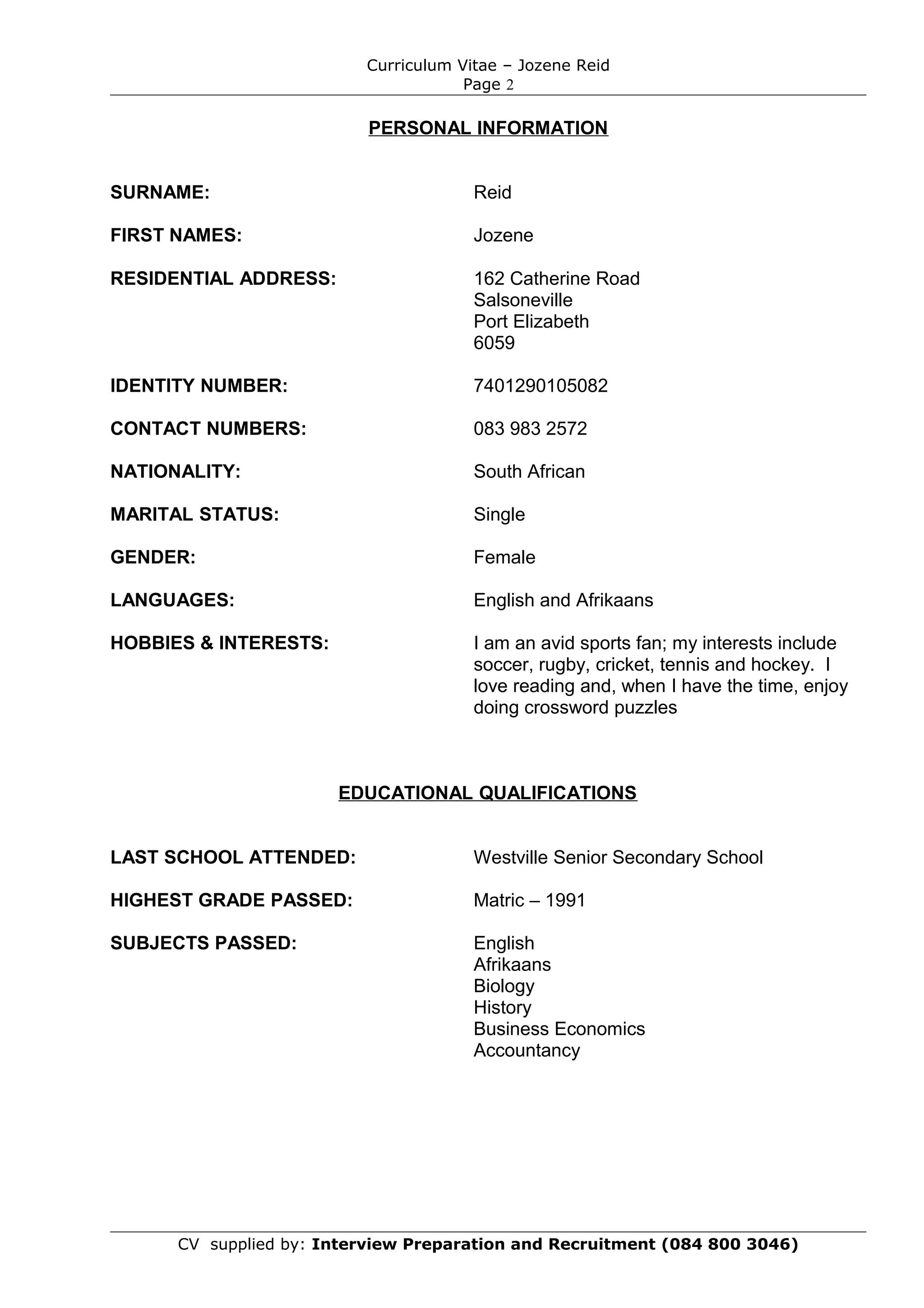 Jozene Reid CV | PDF