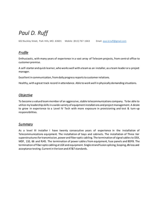 Paul Ruff Telecom Resume | DOCX | Telecommunications Industry | Industries