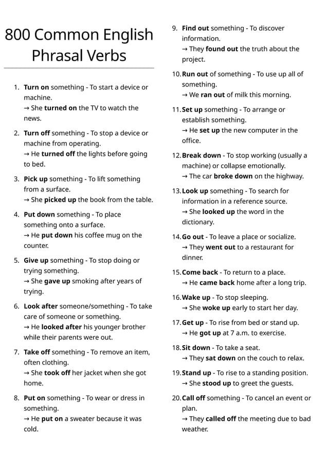 800 Common English Phrasal Verbs with meaning and example sentences | DOCX