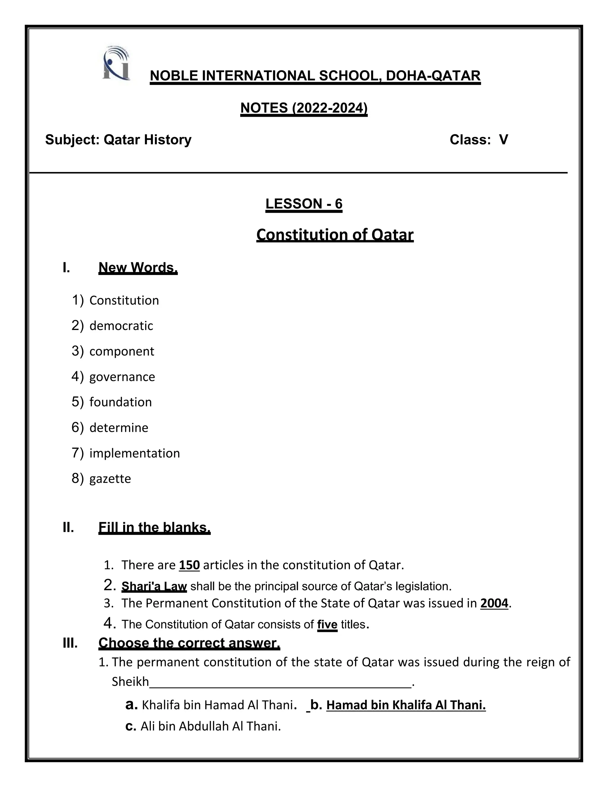Contstitution of qatar notes for the class fifth | PDF