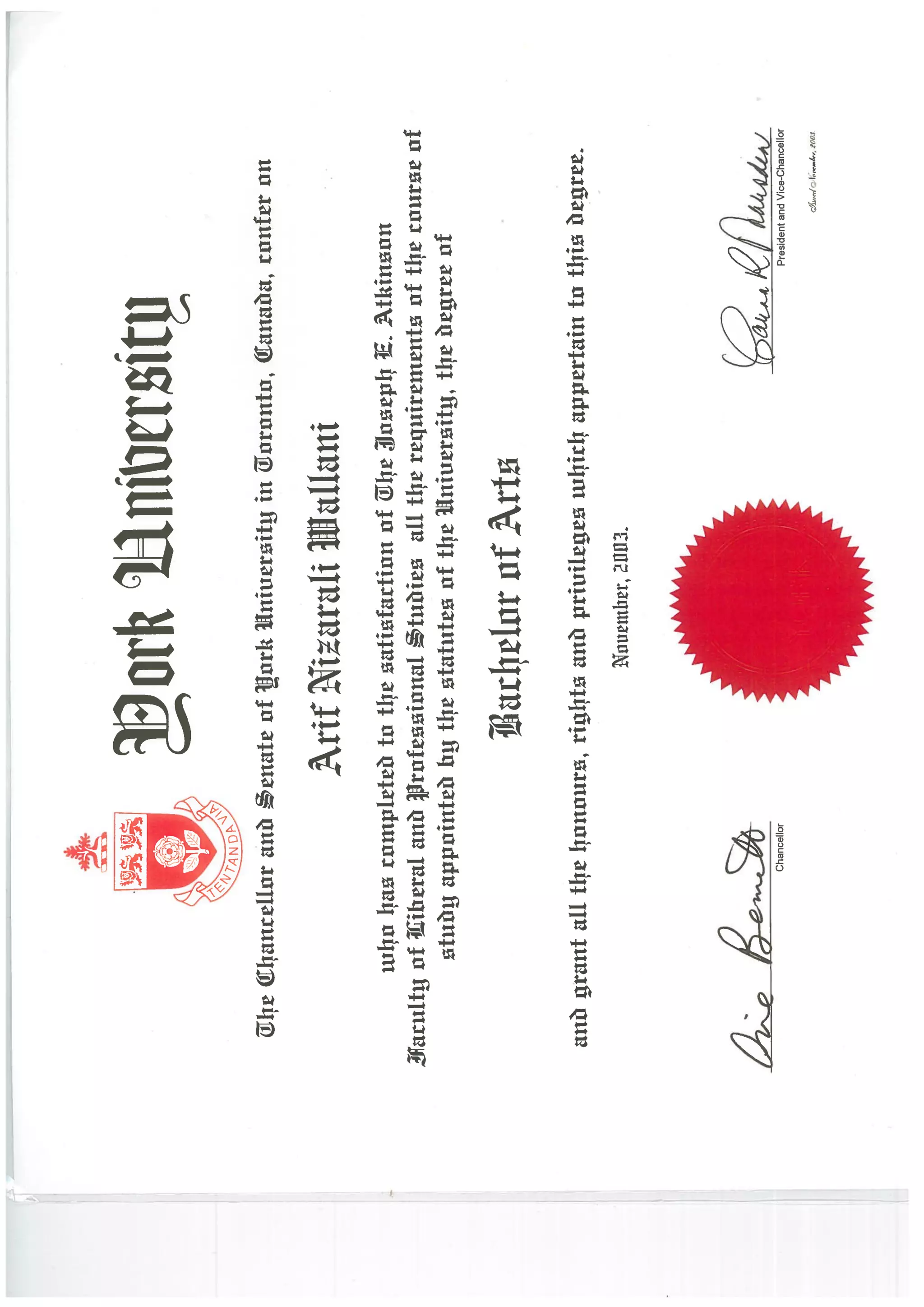 BA Degree - York University - Arif Wallani | PDF