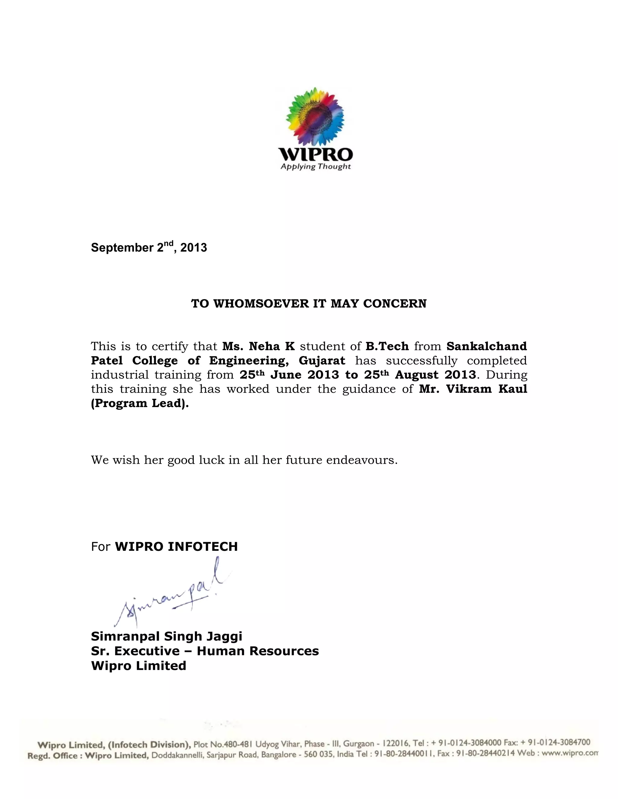 Training Completion Letter Neha K Pdf