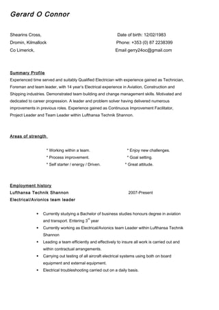 Gerard O Connor Curriculum Vitae without cover letter | DOC