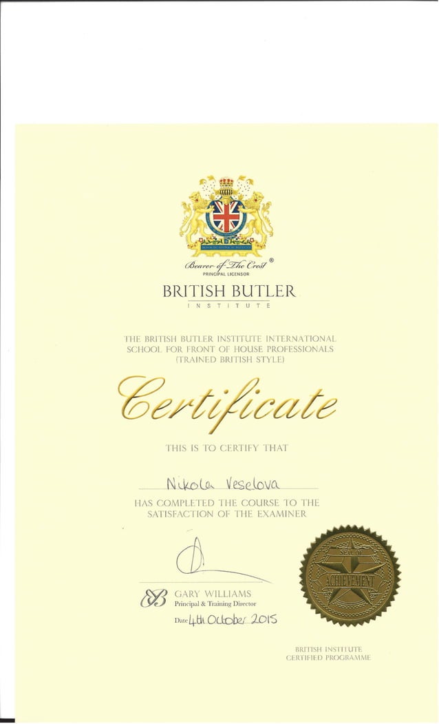 British Butler Institute Certificate Nikola Veselova | PDF