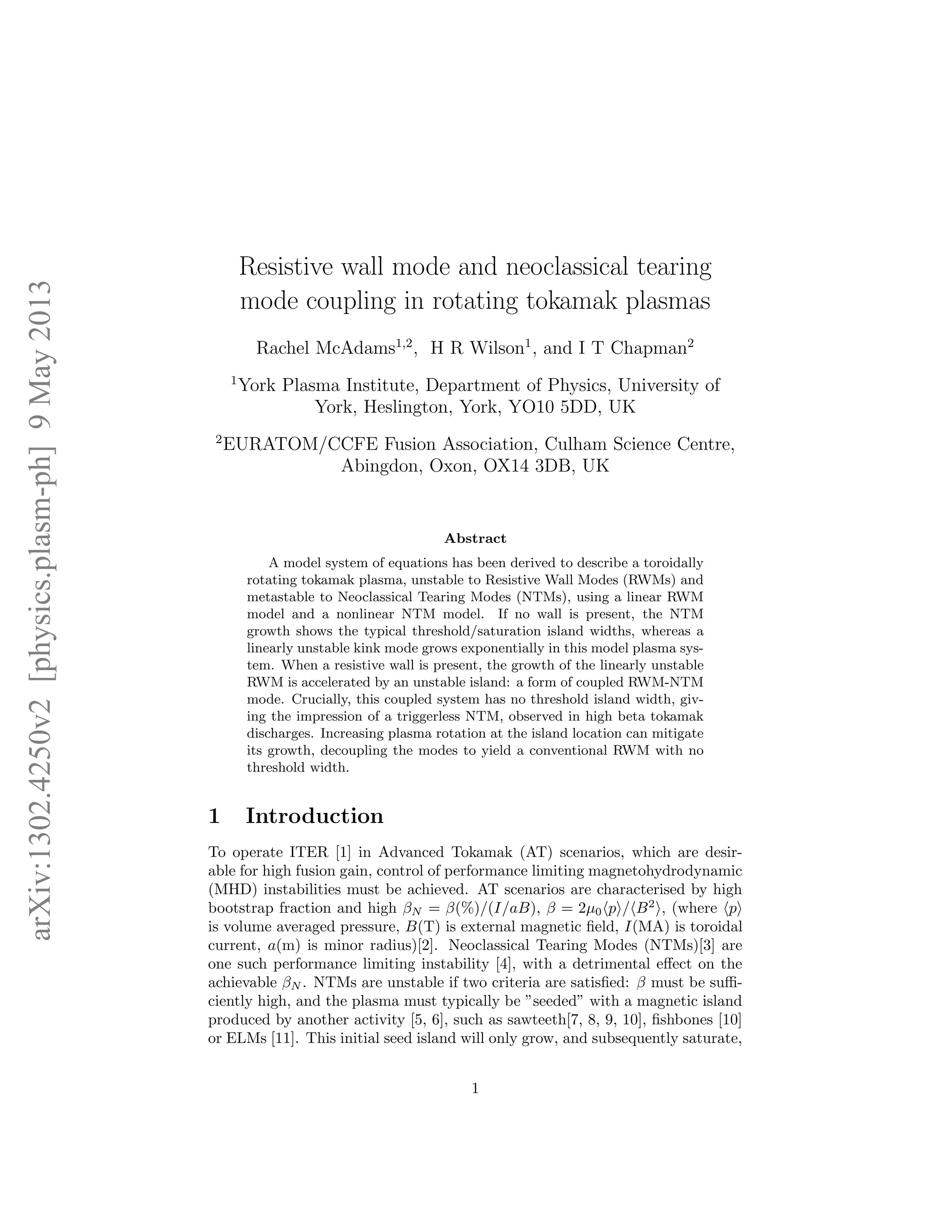 Resistive wall mode and neoclassical tearing mode coupling in rotating tokamak plasmas | PDF
