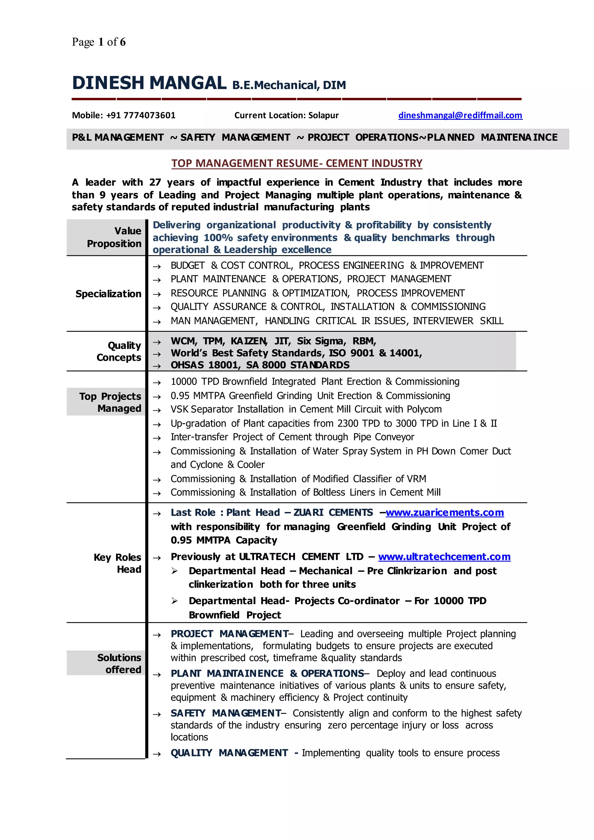 Dinesh_Mangal - Cement Industry | DOCX