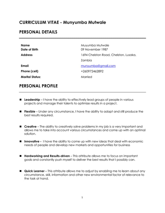 Curriculum vitae - Munyumba Mutwale August 2016 | PDF
