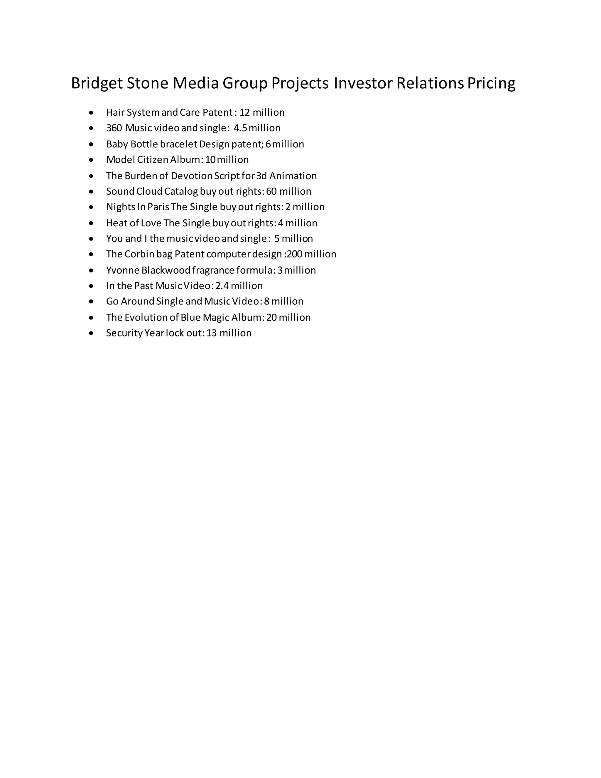 Bridget Stone Media Group Projects Investor Relations Pricing | DOCX