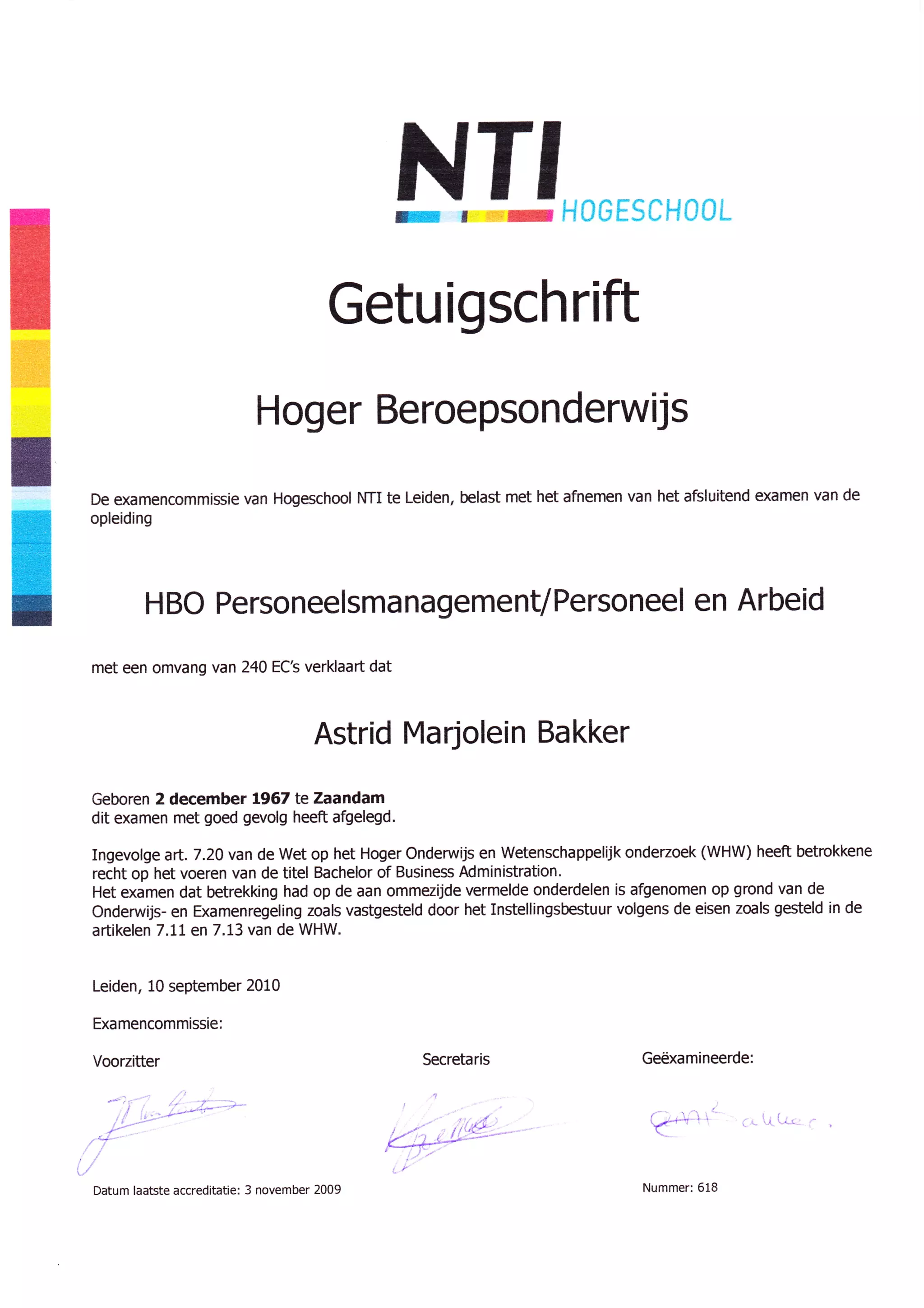 Getuigschrift - Hogeschool NTI - Personeel en Arbeid | PDF