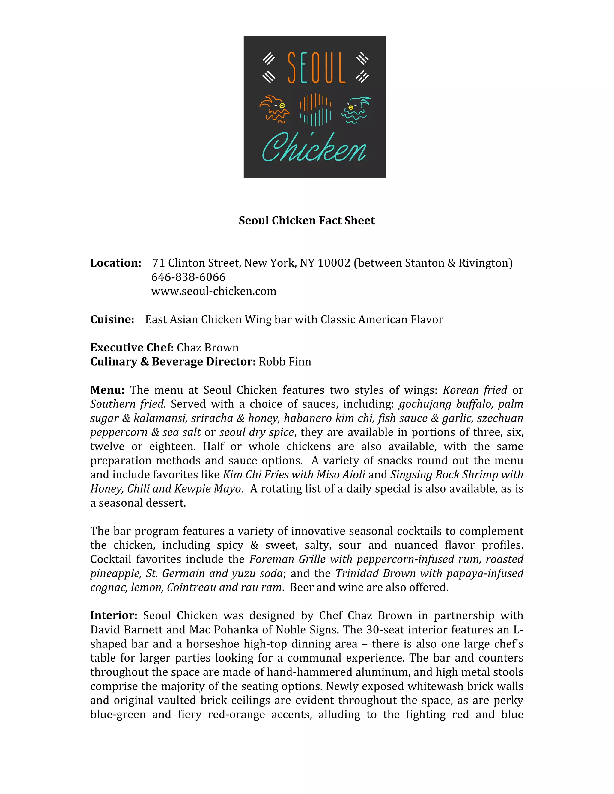 Seoul Chicken Fact Sheet | PDF