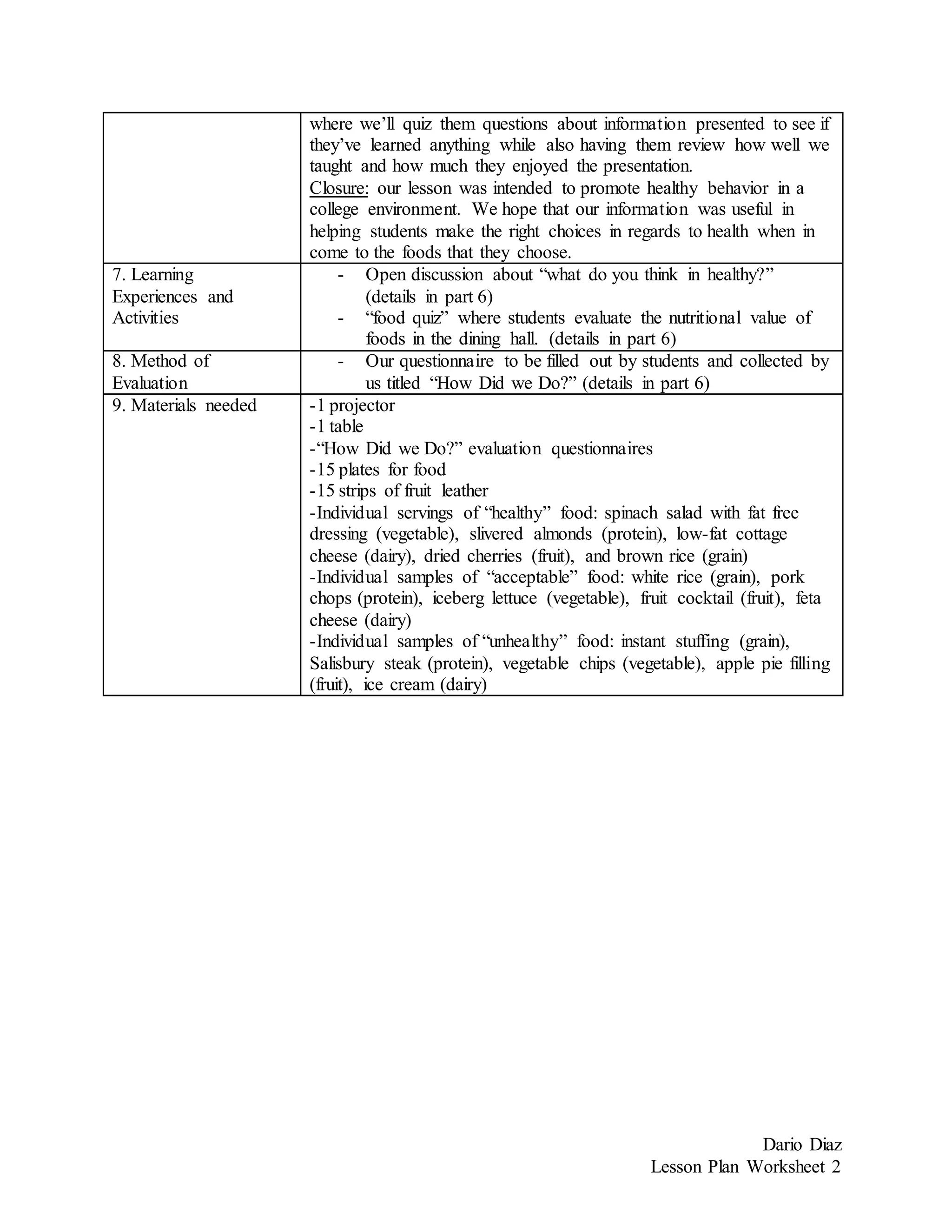 FCNS 409 Lesson Plan Worksheet | PDF
