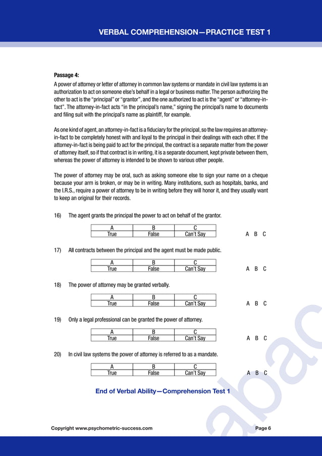 Psychometric Success Verbal Ability - Comprehension Practice Test 1 | PDF