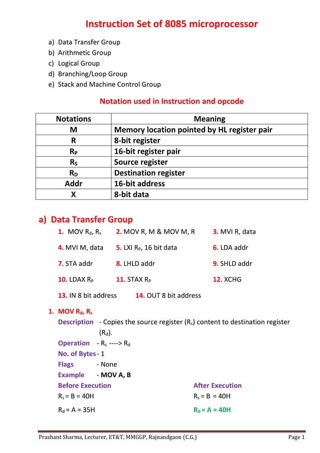 8085 Data Transfer Instruction Set Pdf Programming Languages