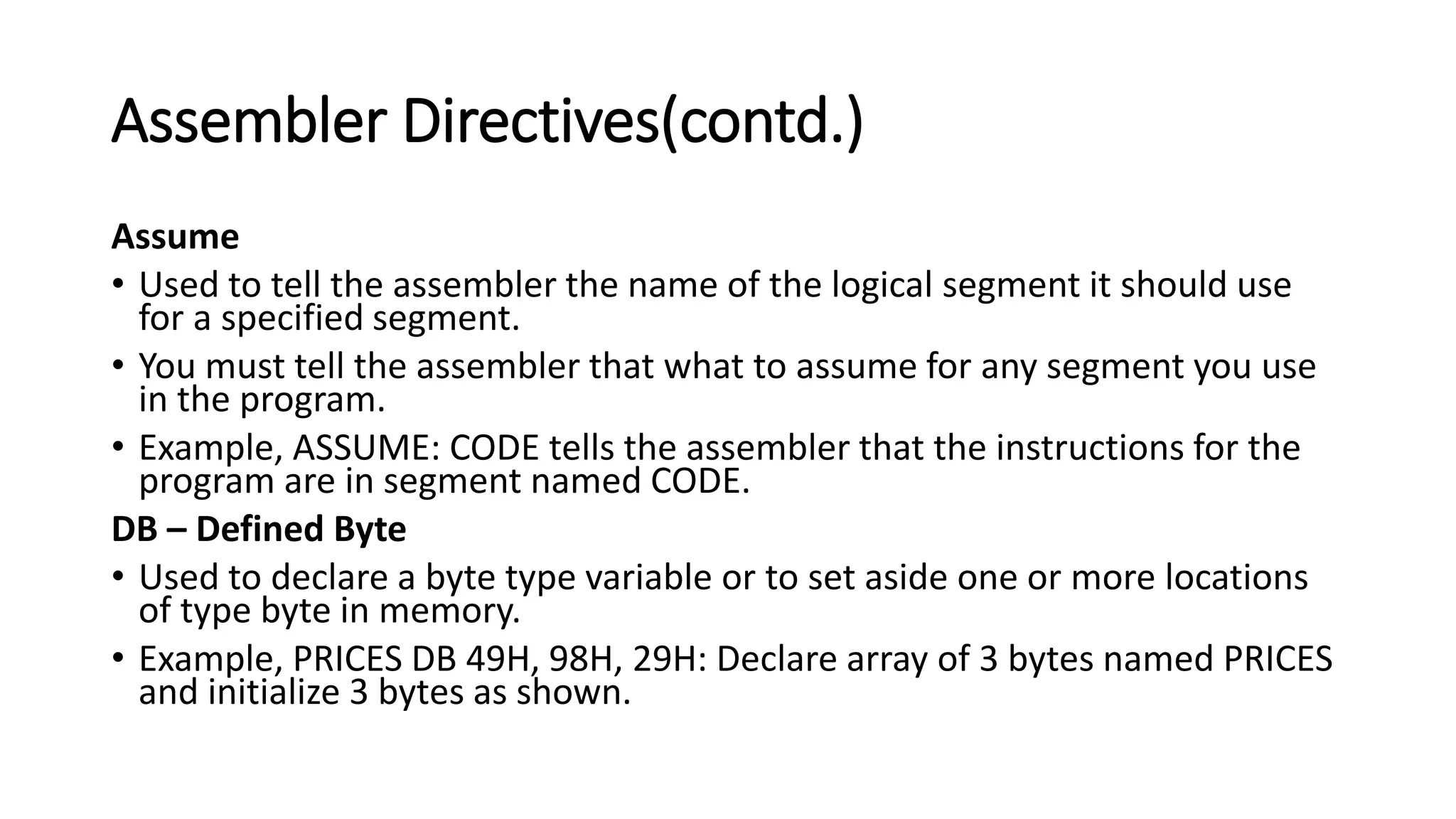 8086 microprocessor assembler directives.ppt | Programming Languages | Computing