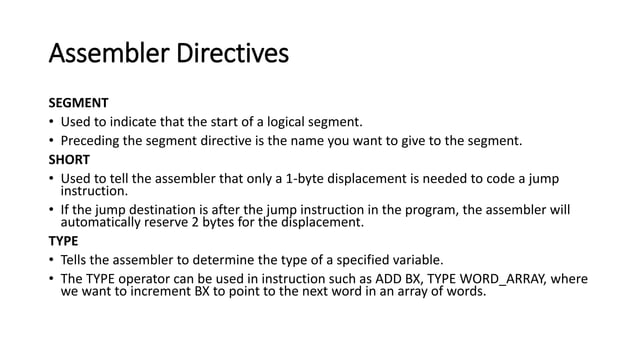 8086 microprocessor assembler directives.ppt | Programming Languages | Computing
