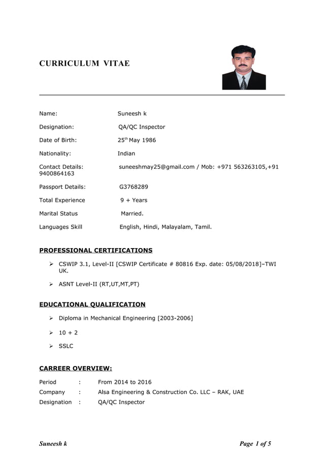 Suneesh-QAQC Inspector-CV | PDF