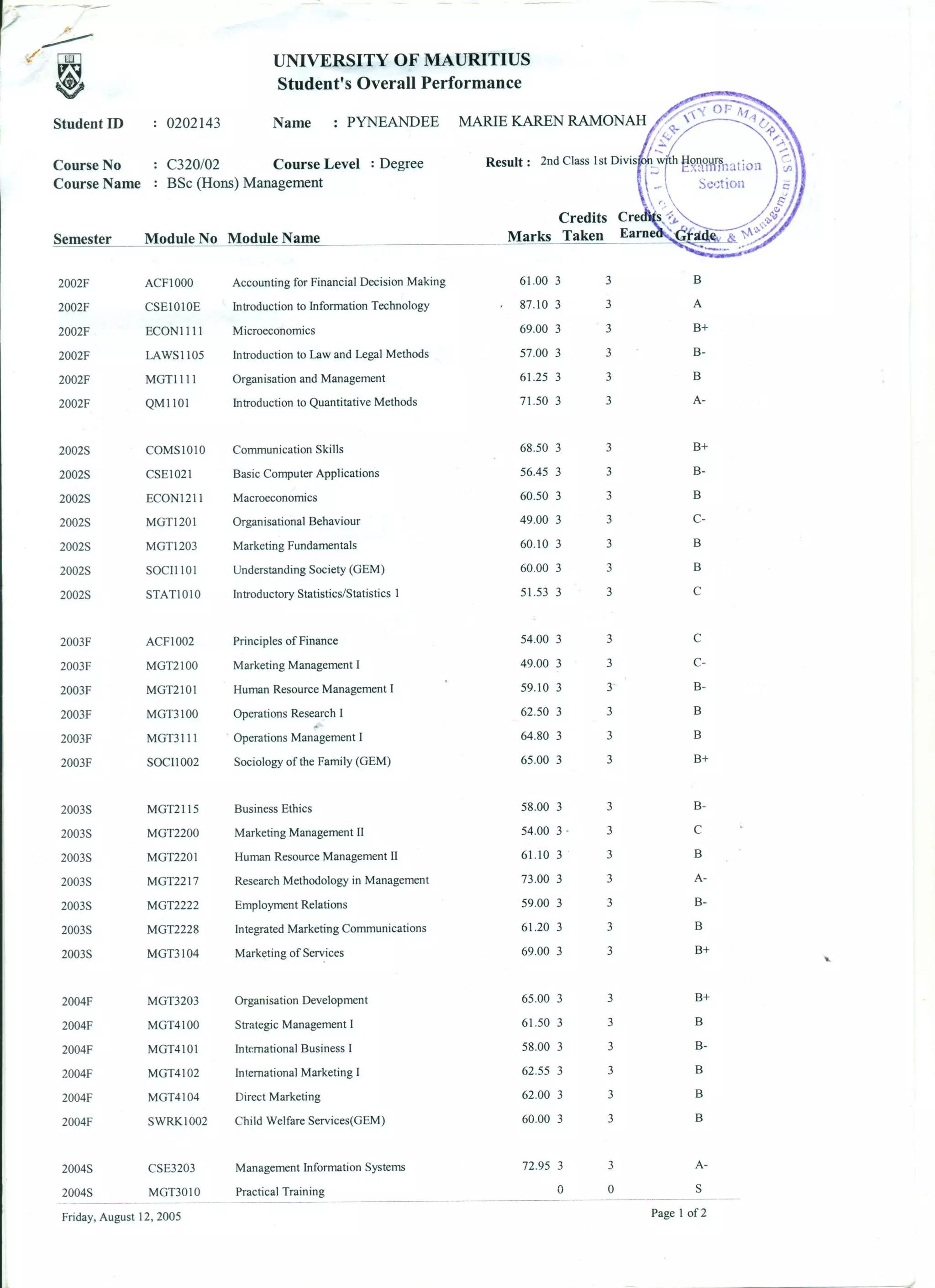 Transcript Bsc | PDF