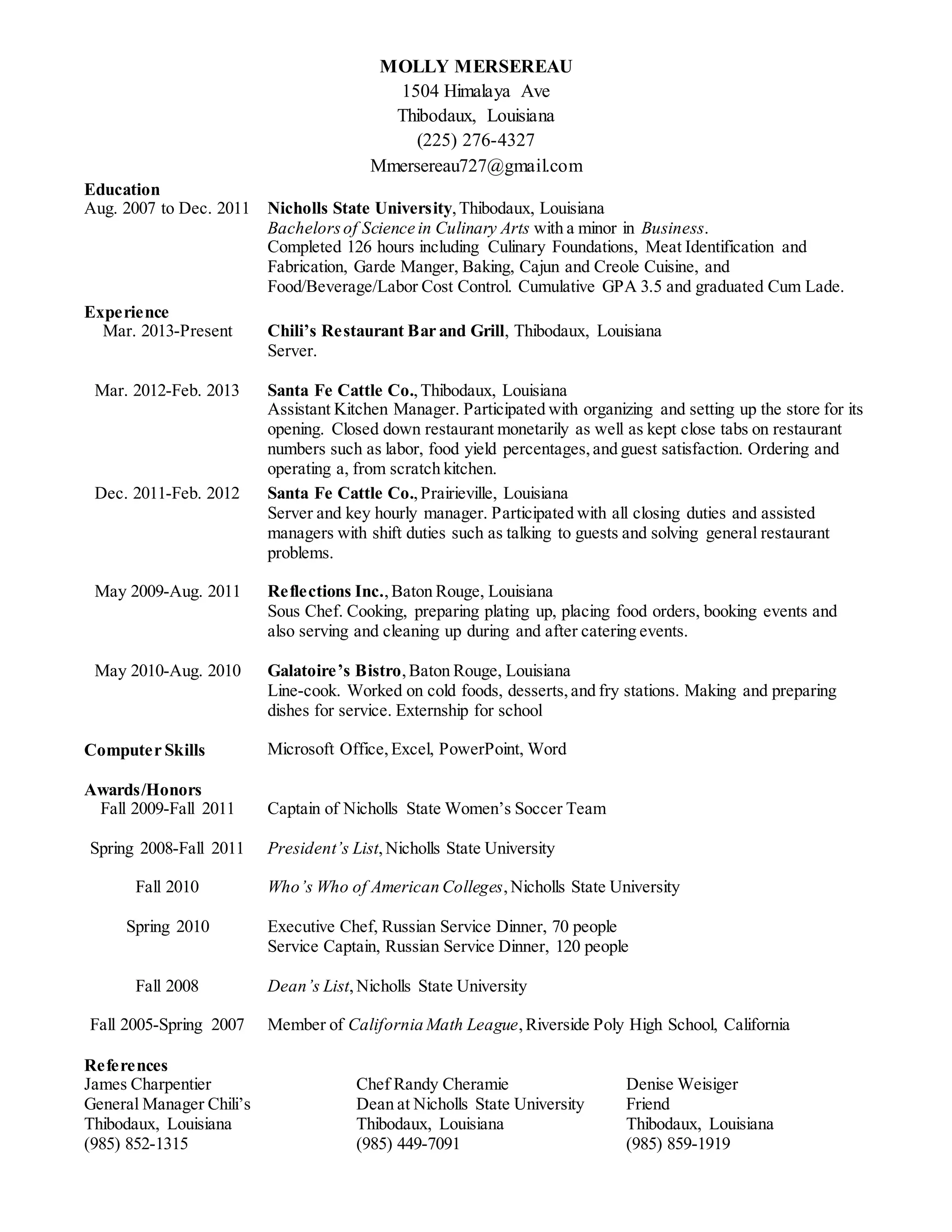 MOLLY MERSEREAU resume | DOCX | Dining Out | Food & Drink