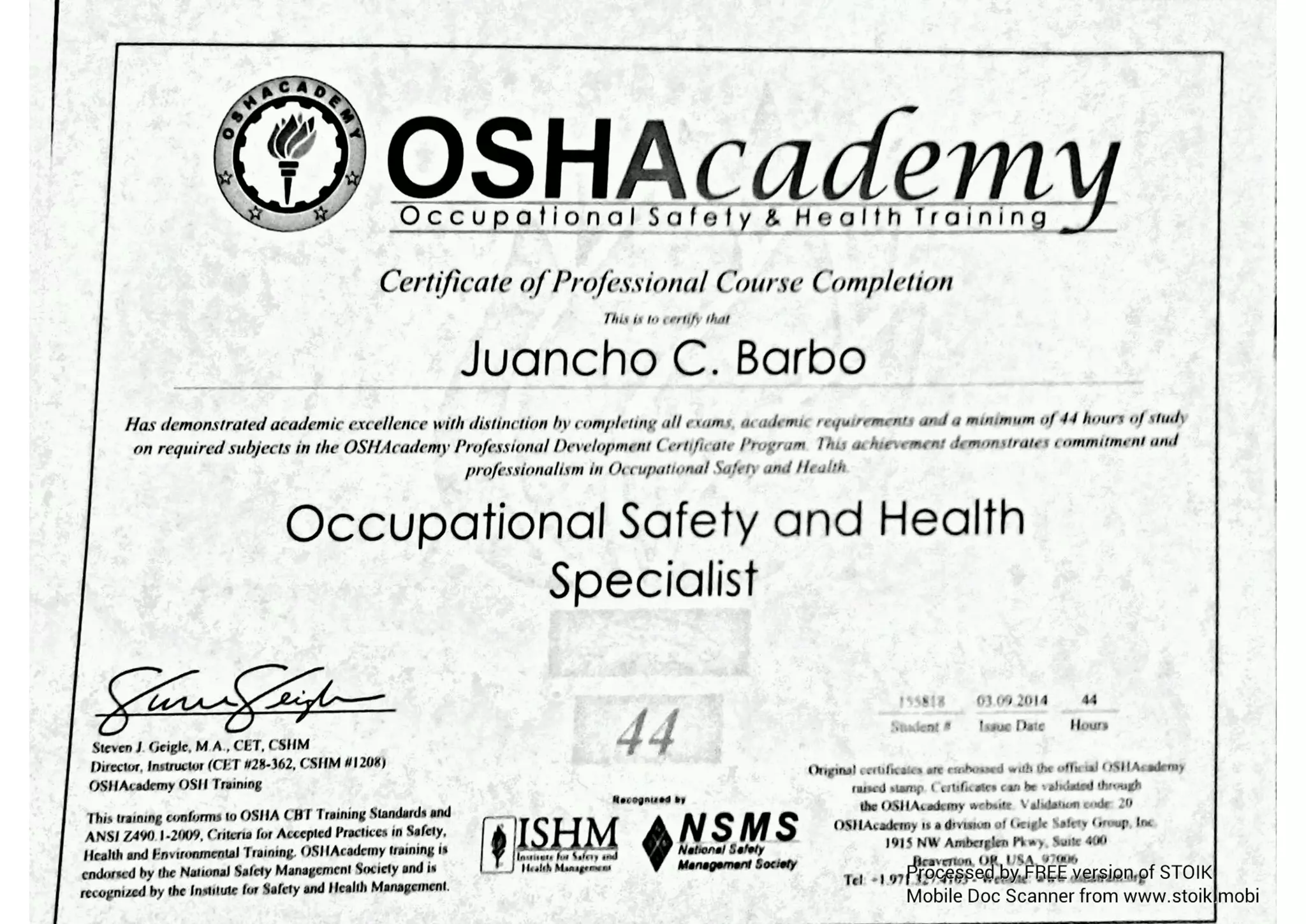 OSHA CERTIFICATE 2 | PPT