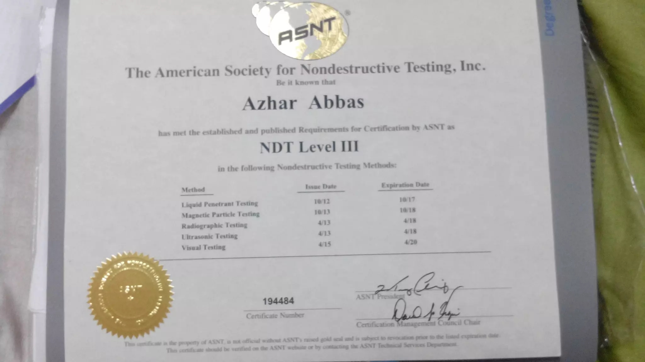 ASNT NDT LEVEL III CERTIFICATE | PPT