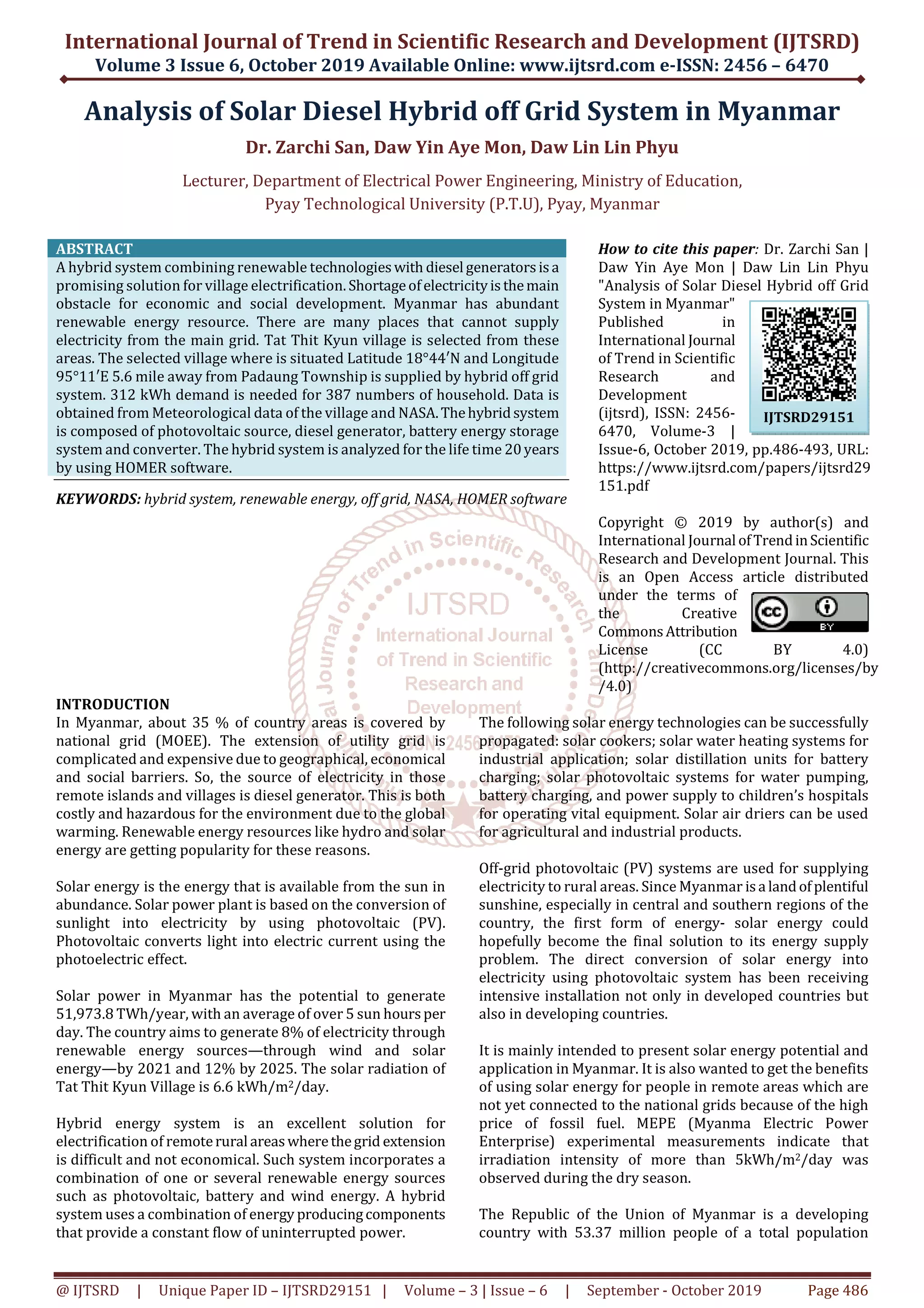 Analysis of Solar Diesel Hybrid off Grid System in Myanmar | PDF