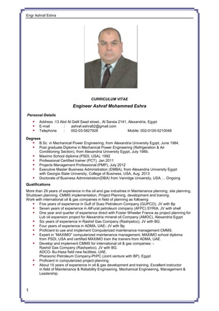 CV Engr Ashraf_Eshra_English Summery | PDF