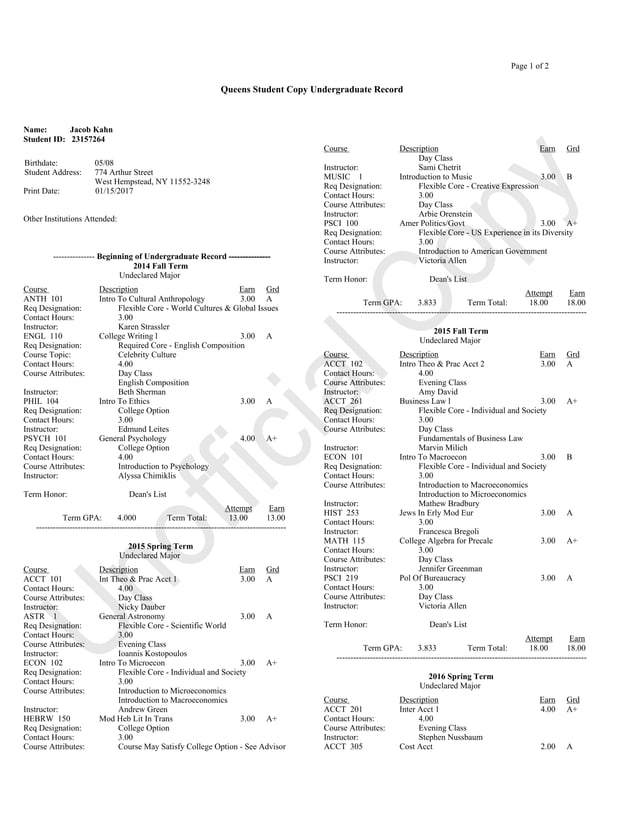 Transcript QC up to SPRING 2017 | PDF
