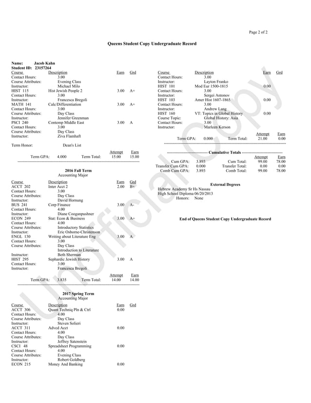 Transcript QC up to SPRING 2017 | PDF