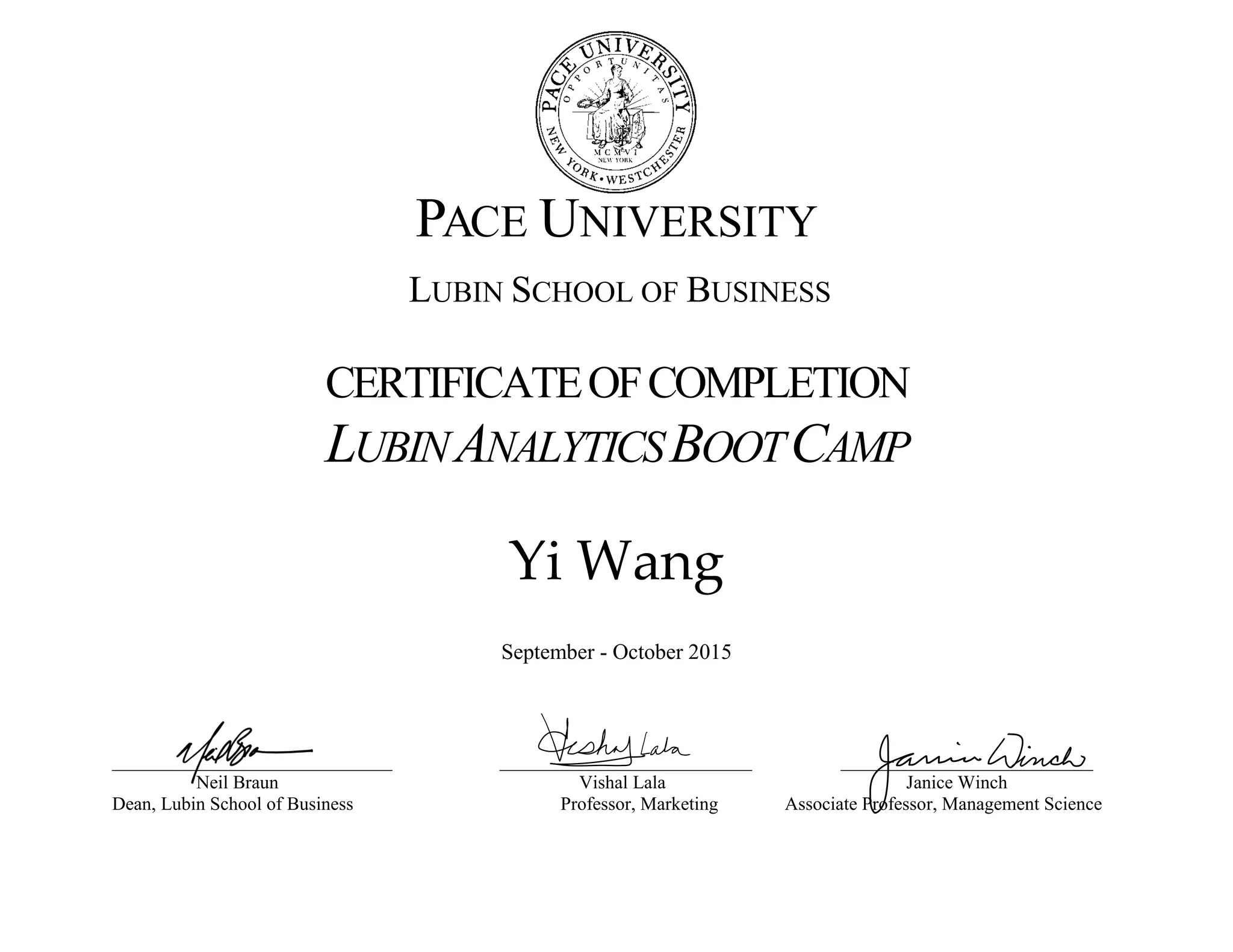 LAB Certificate October 2015 Yi Wang | PDF