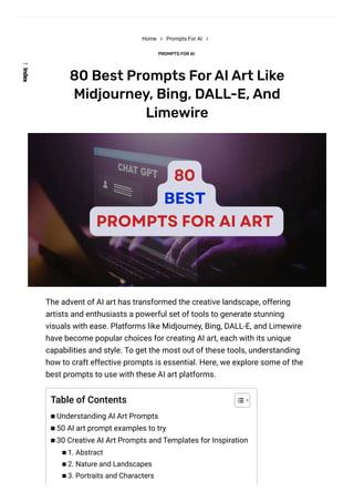 80 Best Prompts for AI Art like Midjourney, Bing, DALL-E, and Limewire.pdf