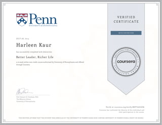 Coursera verified certificate-Better Leader Richer Life July2014 | PPT