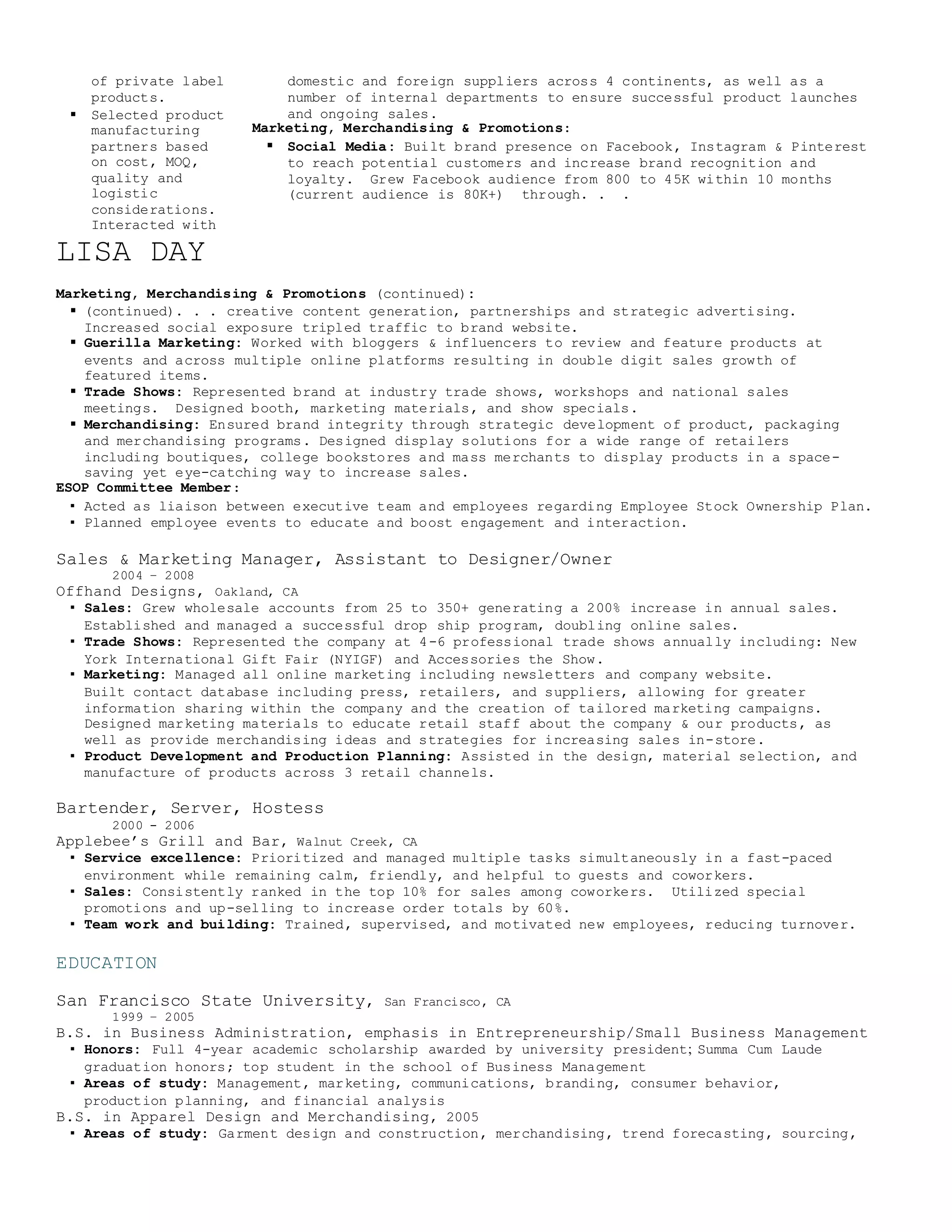 LISA DAY Resume | DOCX | Business Administration | Business