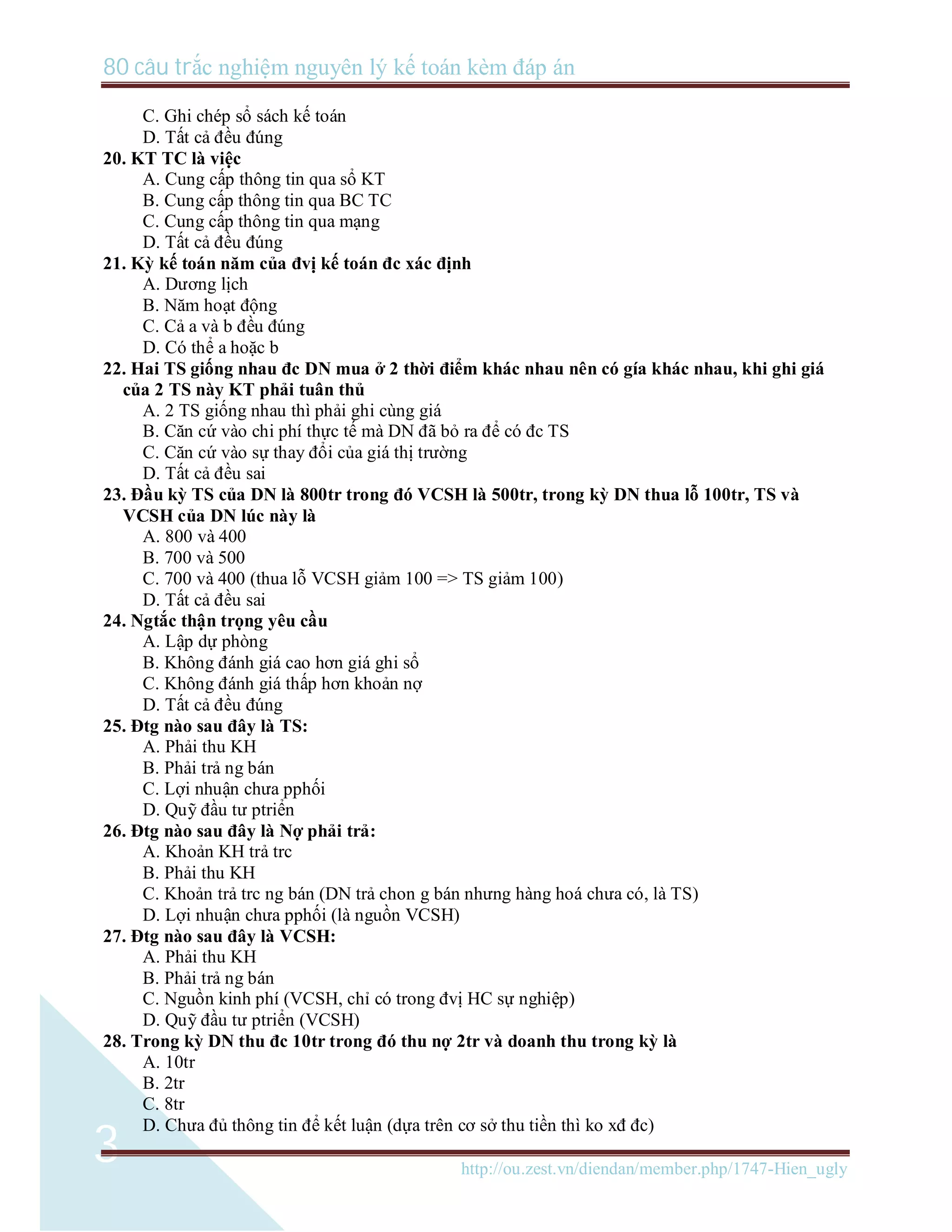 80 câu trắc nghiệm môn nguyên lý kế toán (có đáp án) | PDF