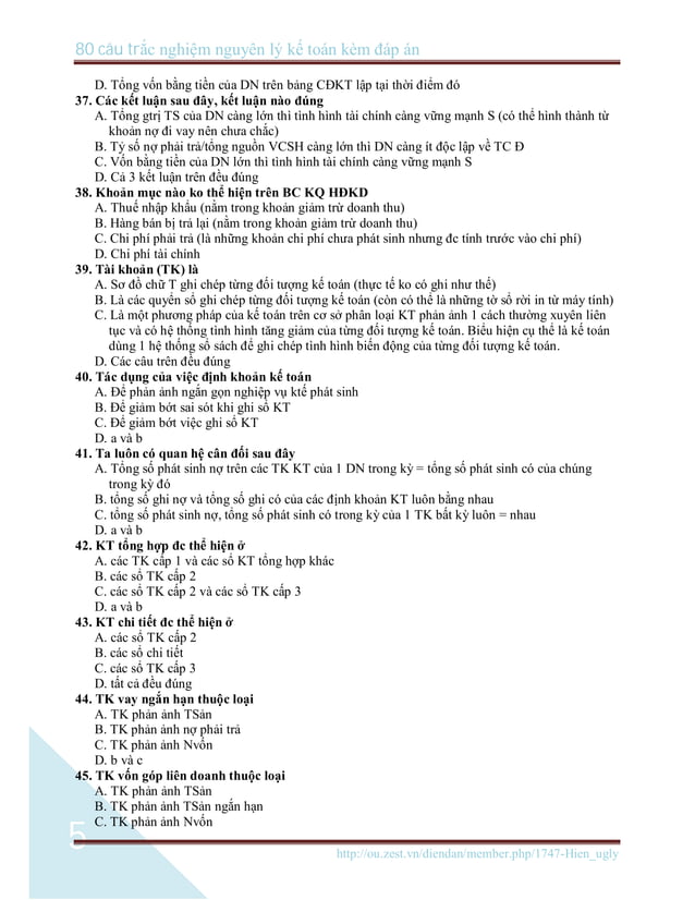 80 câu trắc nghiệm môn nguyên lý kế toán (có đáp án) | PDF
