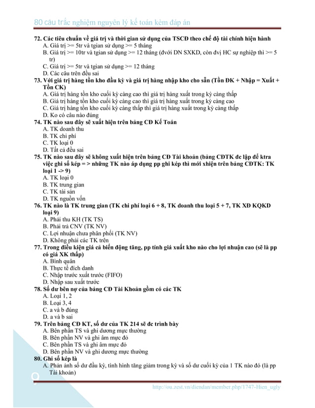 80 câu trắc nghiệm môn nguyên lý kế toán (có đáp án) | PDF