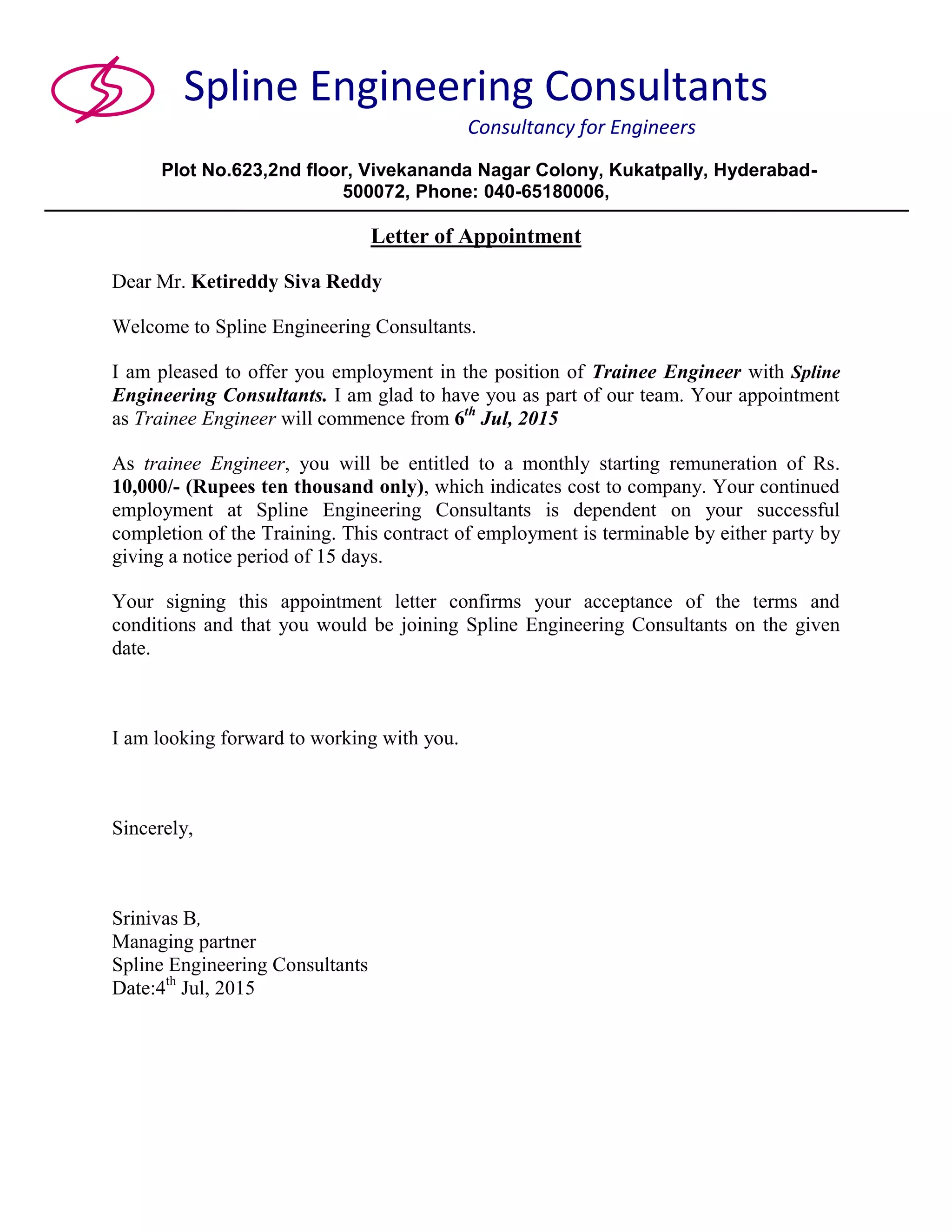 A108 Appointment letter -Sivareddy | PDF