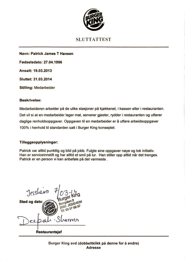 Sluttattest Burger King Jessheim | PDF