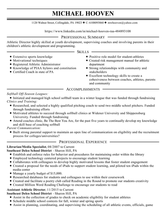 Michael Hooven Athletic Director Resume | PDF