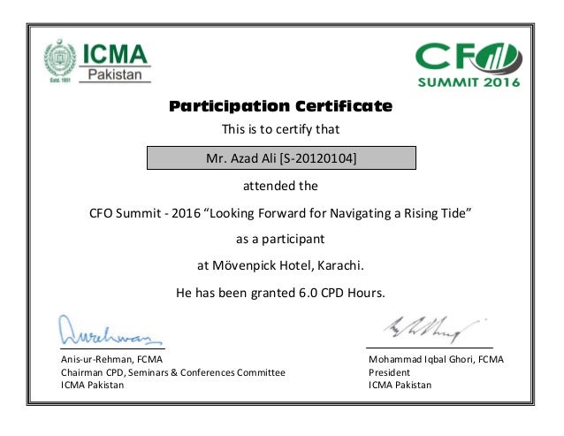 Azad Ali - CFO Summit 2016 Certificate