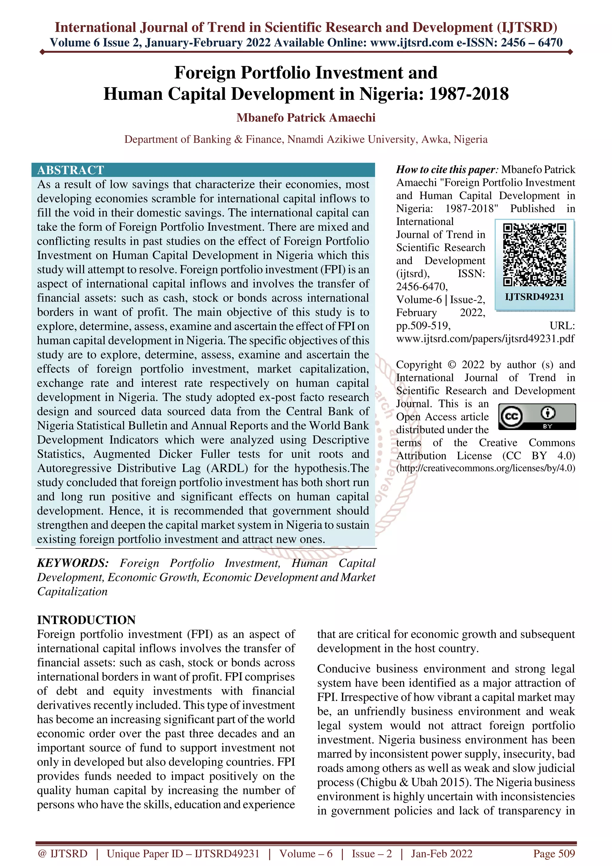 Foreign Portfolio Investment and Human Capital Development in Nigeria 1987 2018 | PDF