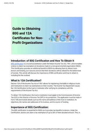Introduction: of 80G Certification and How To Obtain It | PDF