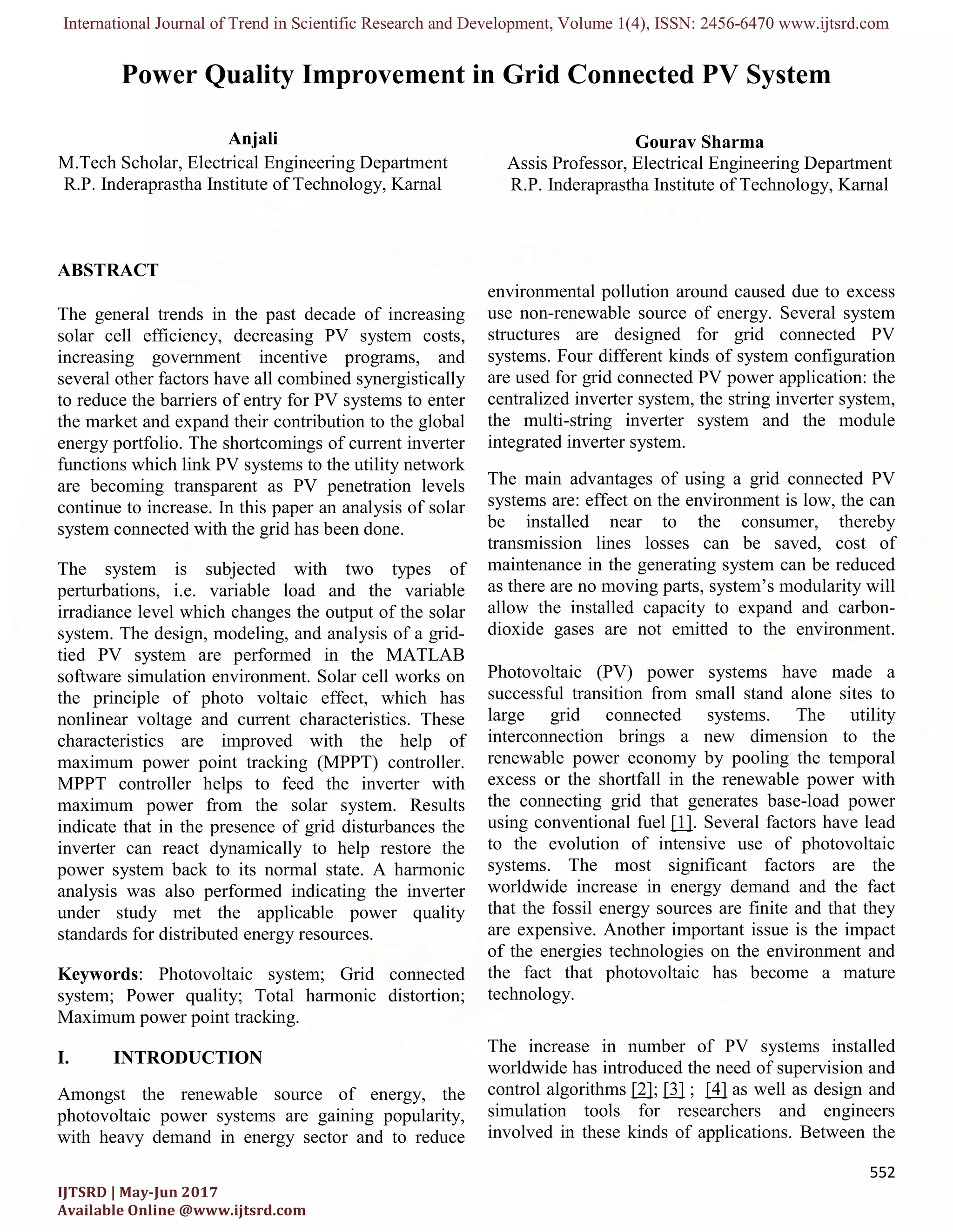 Power Quality Improvement in Grid Connected PV System | PDF