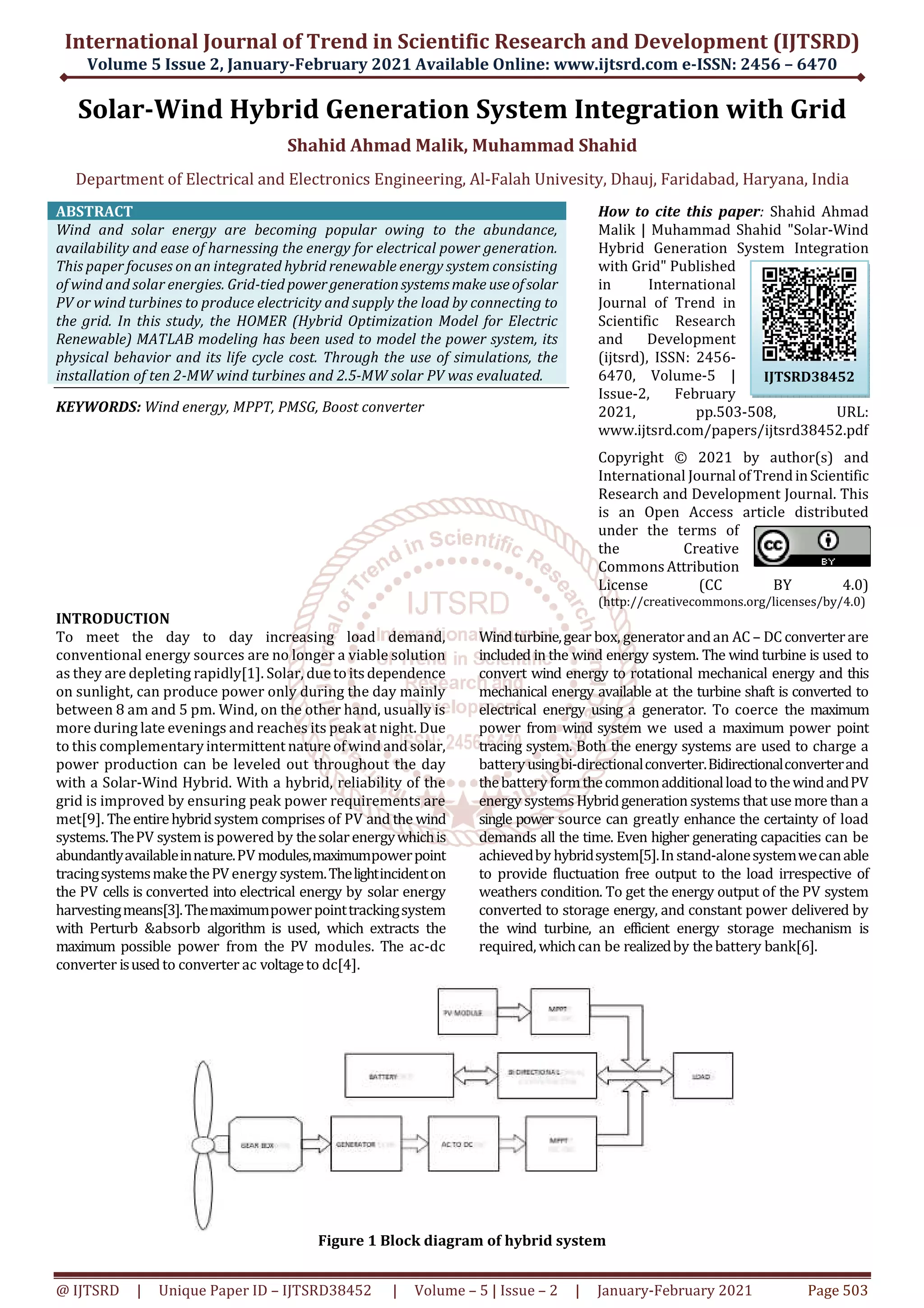 Solar Wind Hybrid Generation System Integration with Grid | PDF