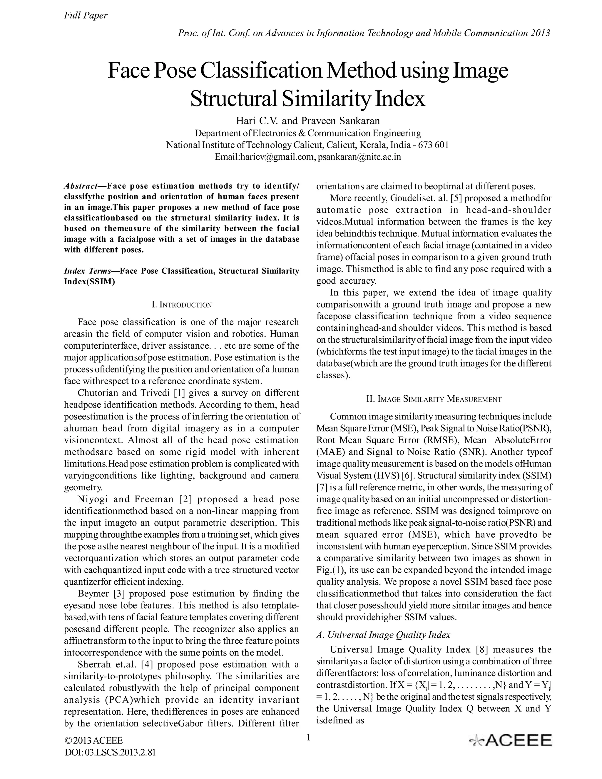 Face Pose Classification Method using Image Structural Similarity Index | PDF