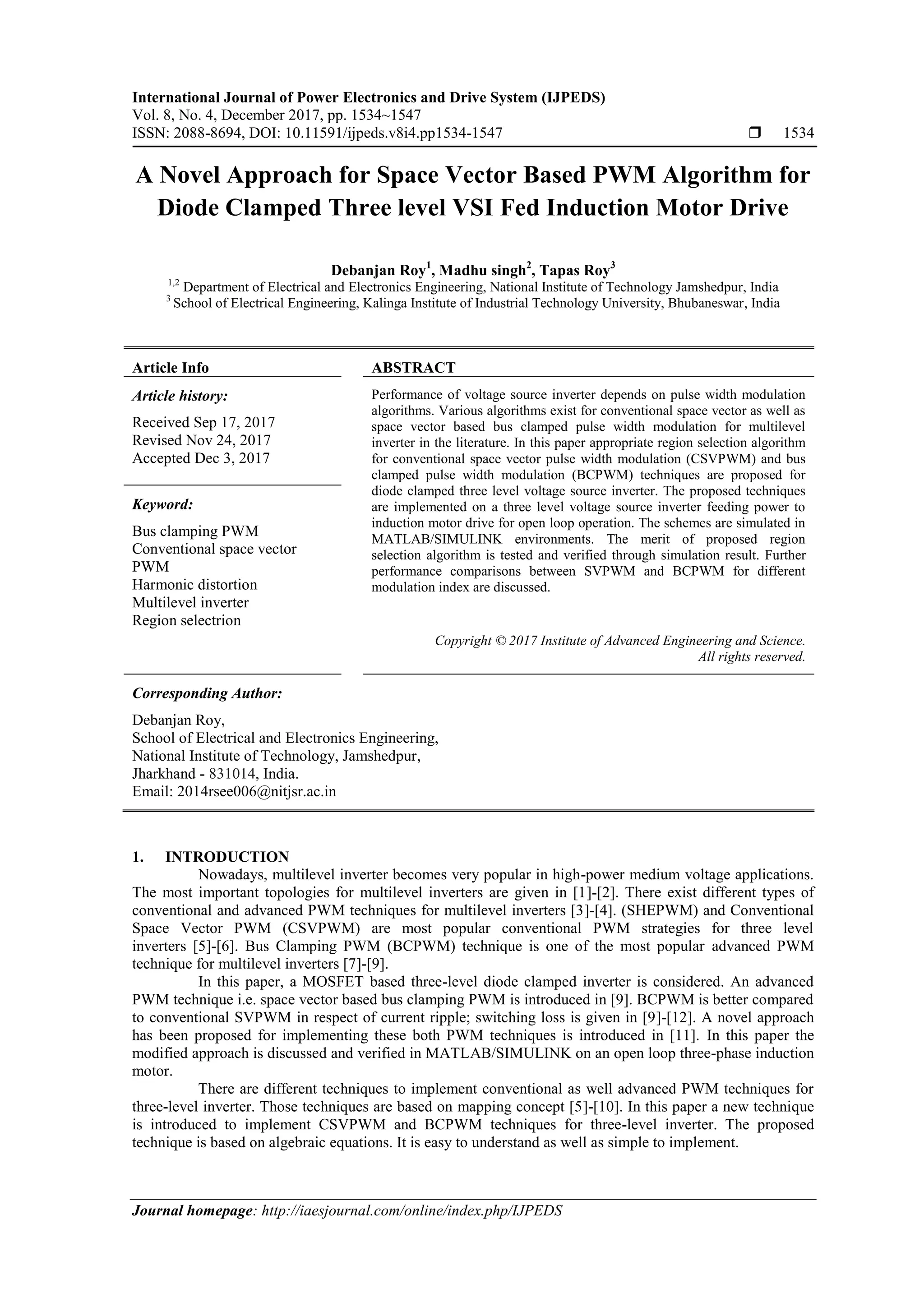 A Novel Approach For Space Vector Based Pwm Algorithm For Diode Clamped Three Level Vsi Fed